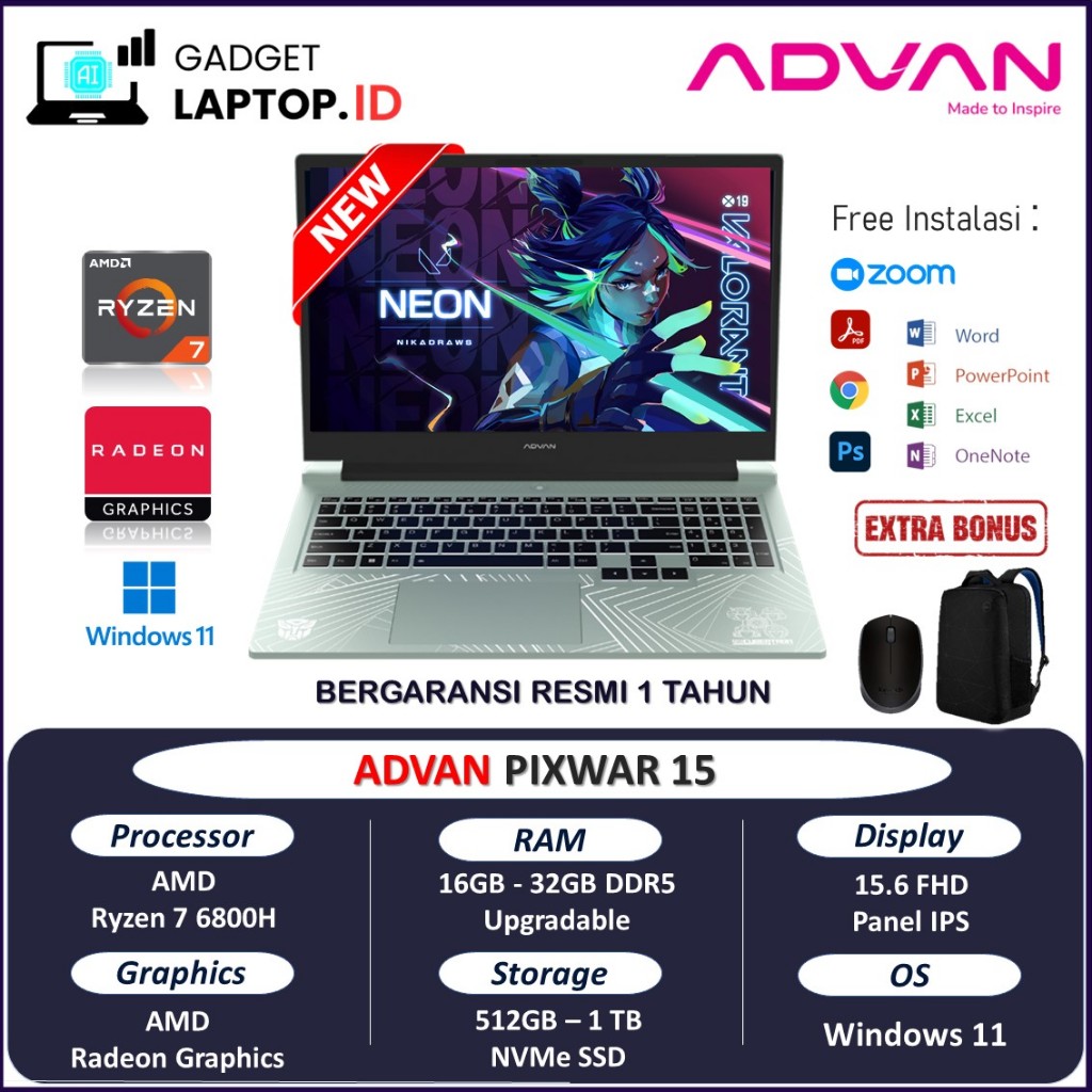 Jual Laptop Gaming Advan Pixwar 15 AMD RYZEN 7 6800H 32GB DDR5 1TB NVME ...
