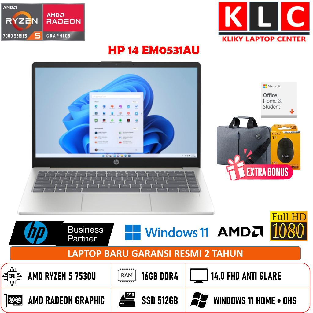Jual HP 14 EM0531AU Amd Ryzen 5 7530U RAM 16GB SSD 512GB Windows 11 ...