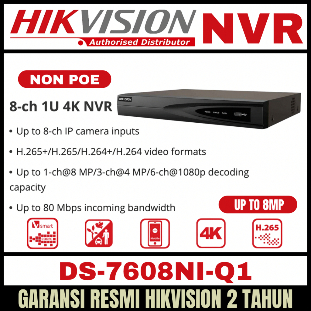 Jual NVR HIKVISION DS-7608NI-Q1 8 CH 1U 4K NVR 8 CHANNEL UP TO 8MP IP ...