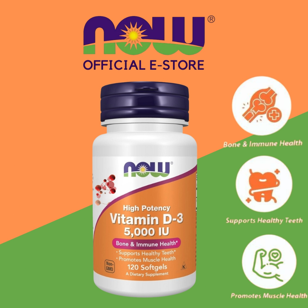 Jual NOW High Potency Vitamin D-3 5000 IU | 120 Softgels | Bone ...