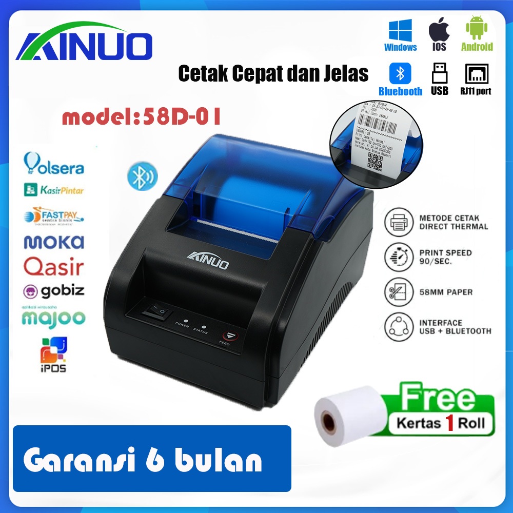Jual 【AINUO】58D Bluetooth Thermal Printer 58mm, Mendukung Printer ...