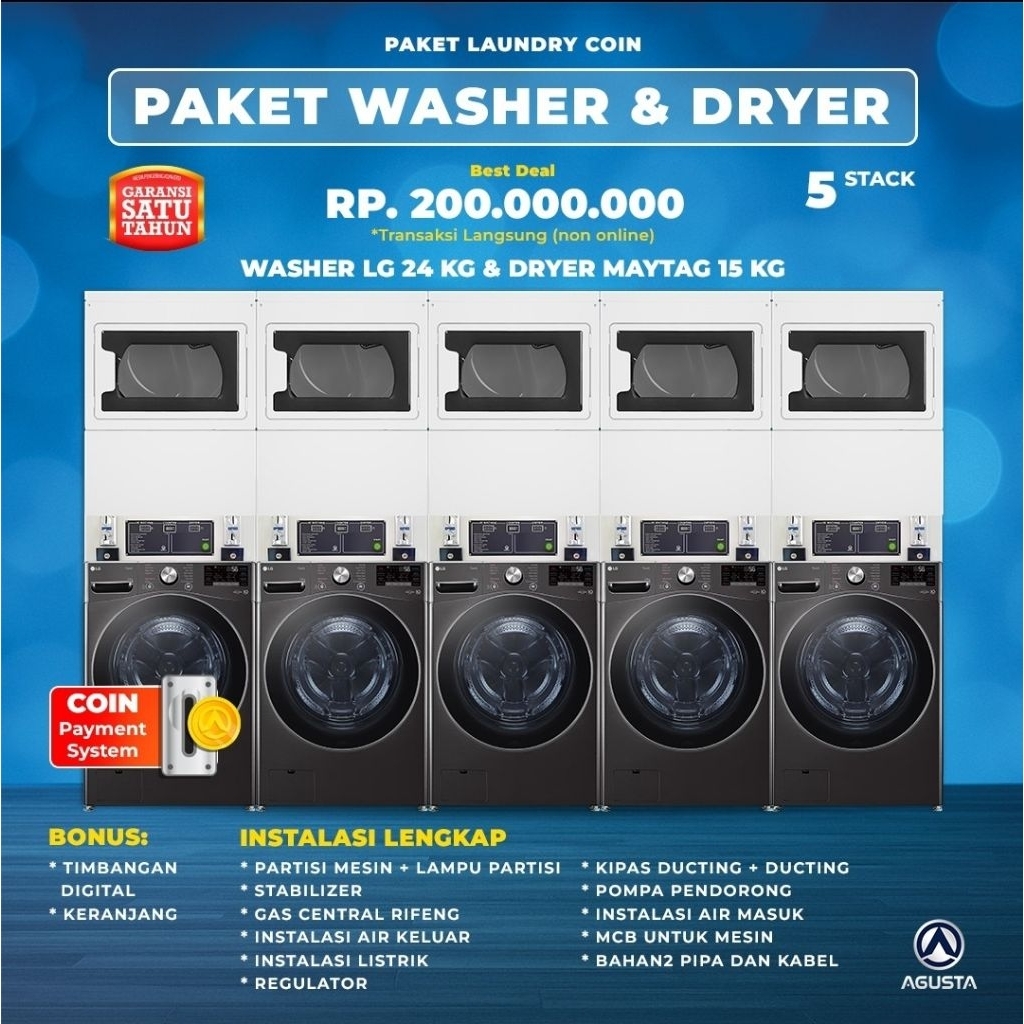 Jual Paket Mesin Laundry Koin 5 set Stack Mesin Cuci LG 24kg & Mesin ...