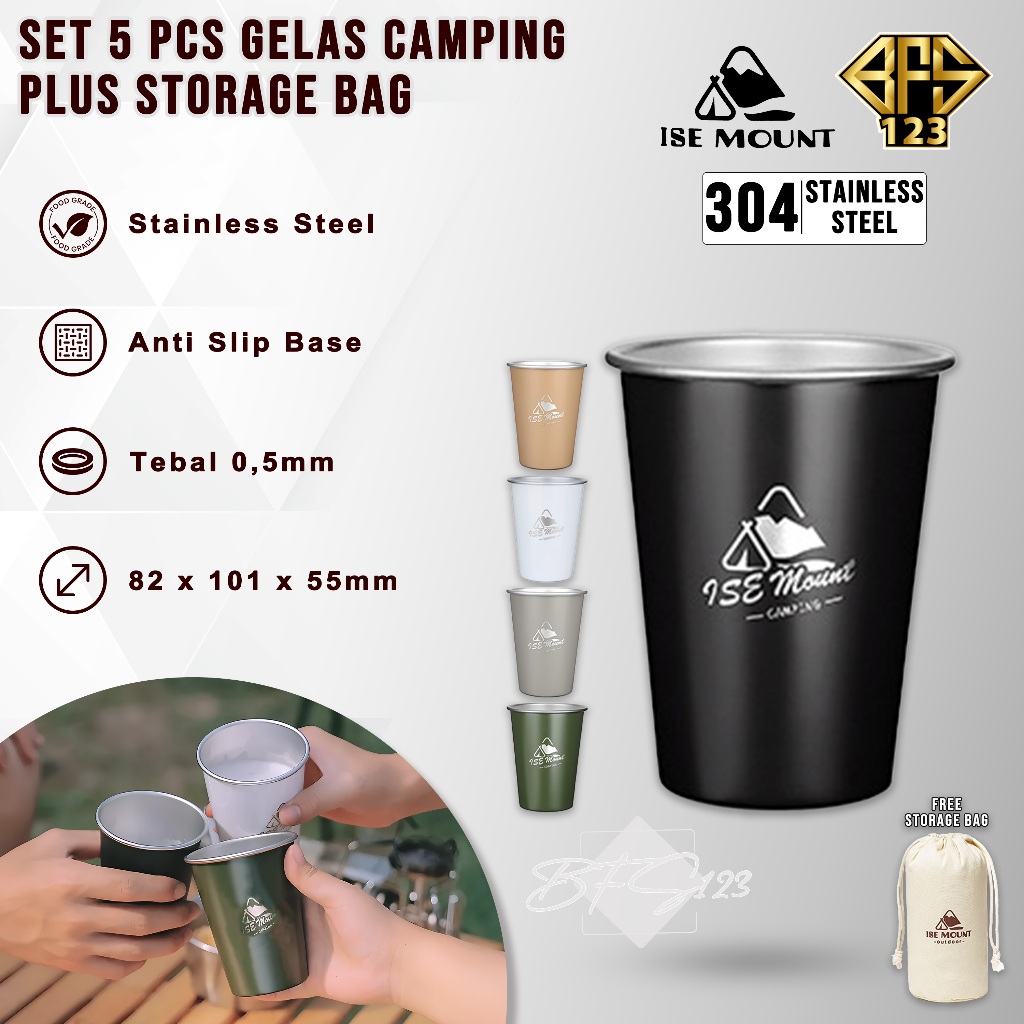 Jual ISE Mount Set 5 Pcs Gelas Camping Stainless 350ml Plus Storage ...