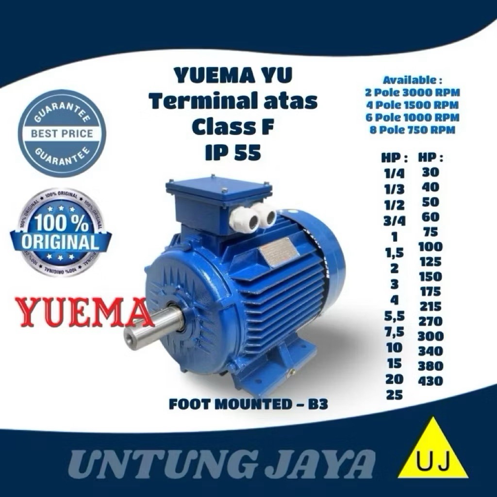 Jual DINAMO ELEKTRO MOTOR YUEMA YU 3 PHASE 7,5 HP 5,5 KW 2 POLE 3000 ...