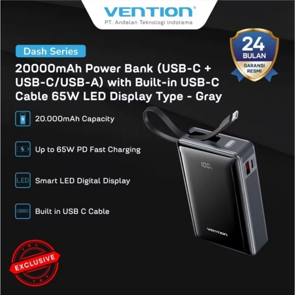 Jual Vention Powerbank Dash Series 20000mAh 65W QC PD PPS LED Built in ...