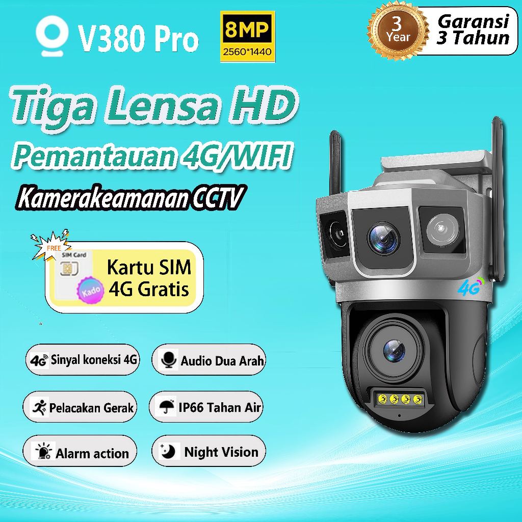 Jual CCTV V380 Pro WIFI 4G SIM Kamera CCTV Lensa Tiga Layar Tiga ...