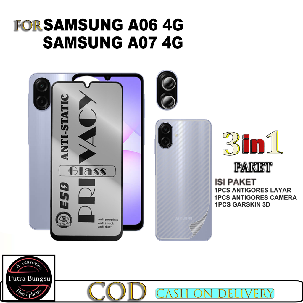 Jual Paket 3in1 Tempered glass SAMSUNG A06 A07 4G privacy anti spy ...