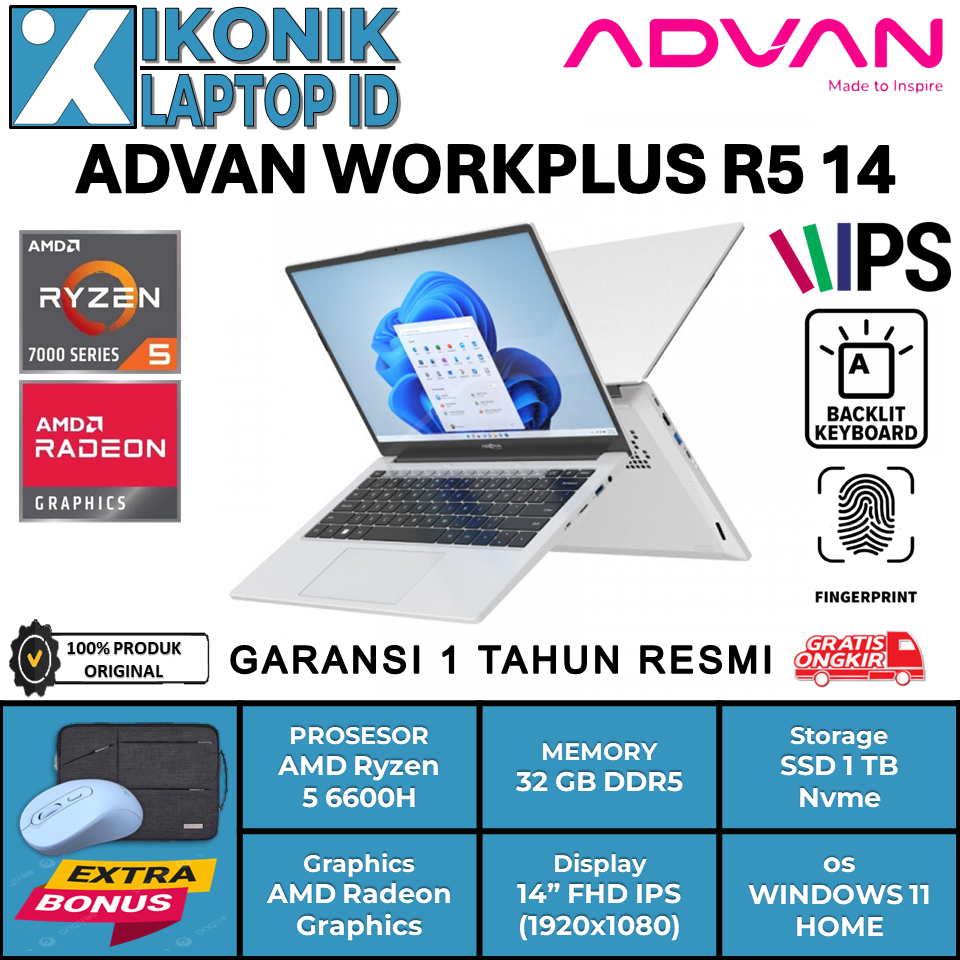 Jual Laptop Gaming Advan Workplus R5 14 AMD Ryzen 5 6600H Ram 32GB Ssd ...