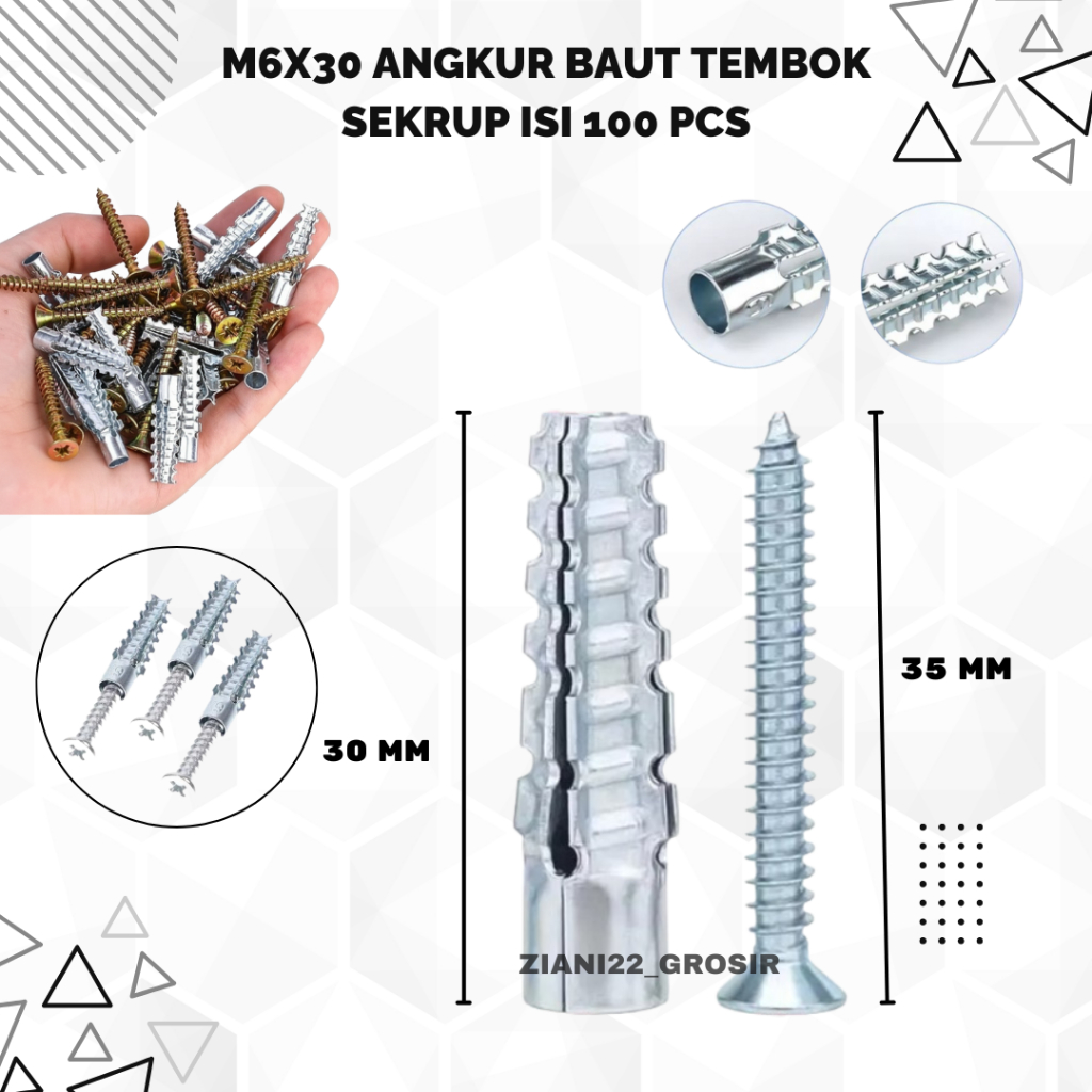 Jual M6x30 Angkur Baut Tembok Sekrup Wall Anchor Tembok Sekrup Dinding ...