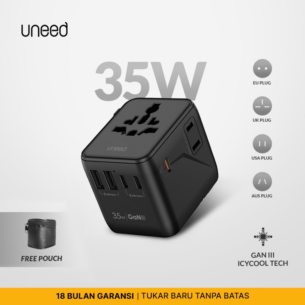 Jual UNEED Travel Adapter GaN III 35W Universal Charger 5 Port PD 3.0 ...