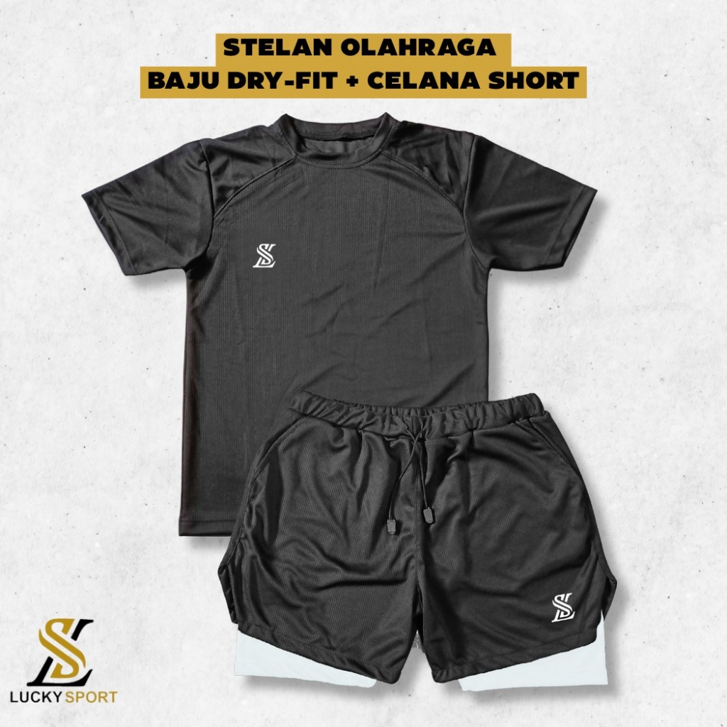 Jual Setelan Olahraga Pria Double Layer 1 Set Baju Kaos Dryfit Celana ...