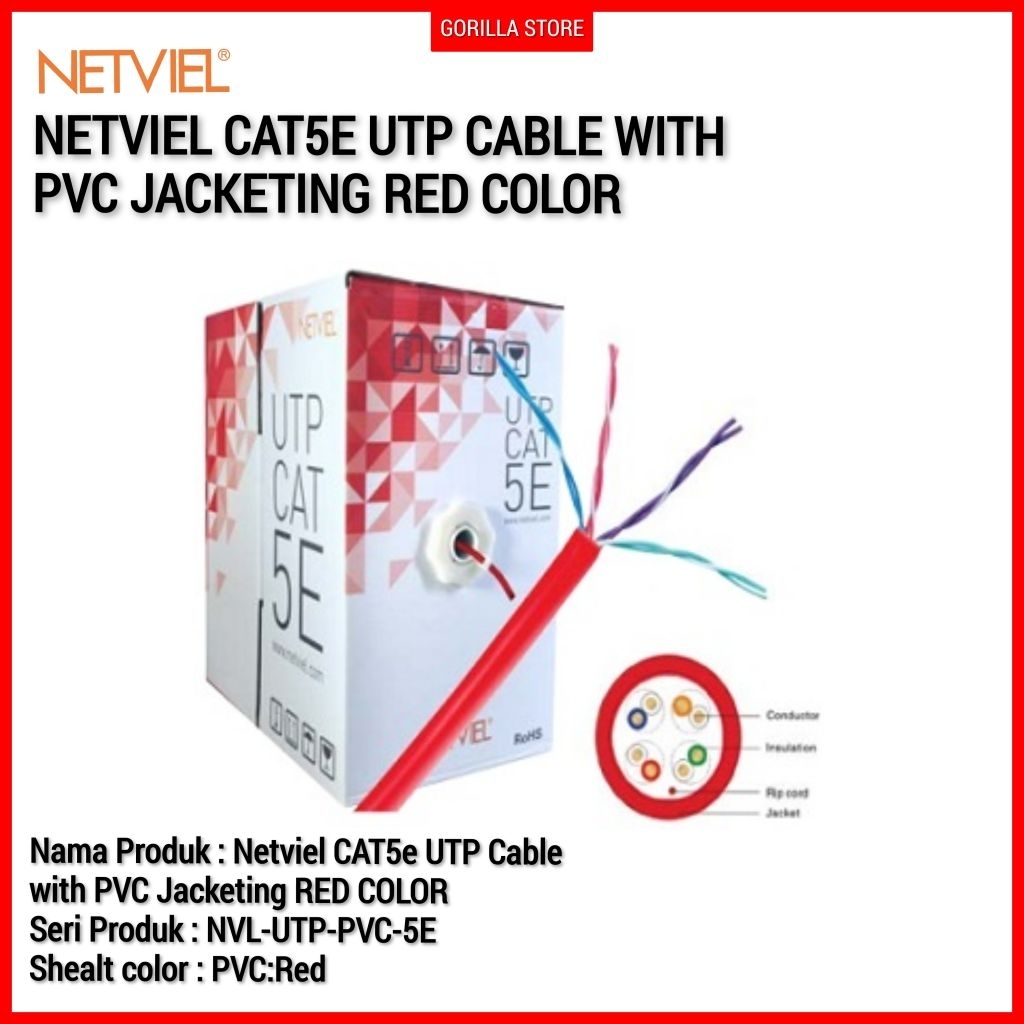 Jual NETVIEL CAT5e UTP Cable with PVC Jacketing RED COLOR - NVL-UTP-PVC ...