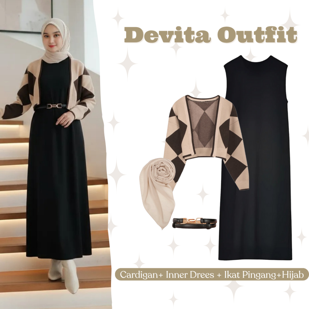 Jual Devita Outfit | OOTD Set Cardigan + Inner Dress + Ikat Pinggang ...