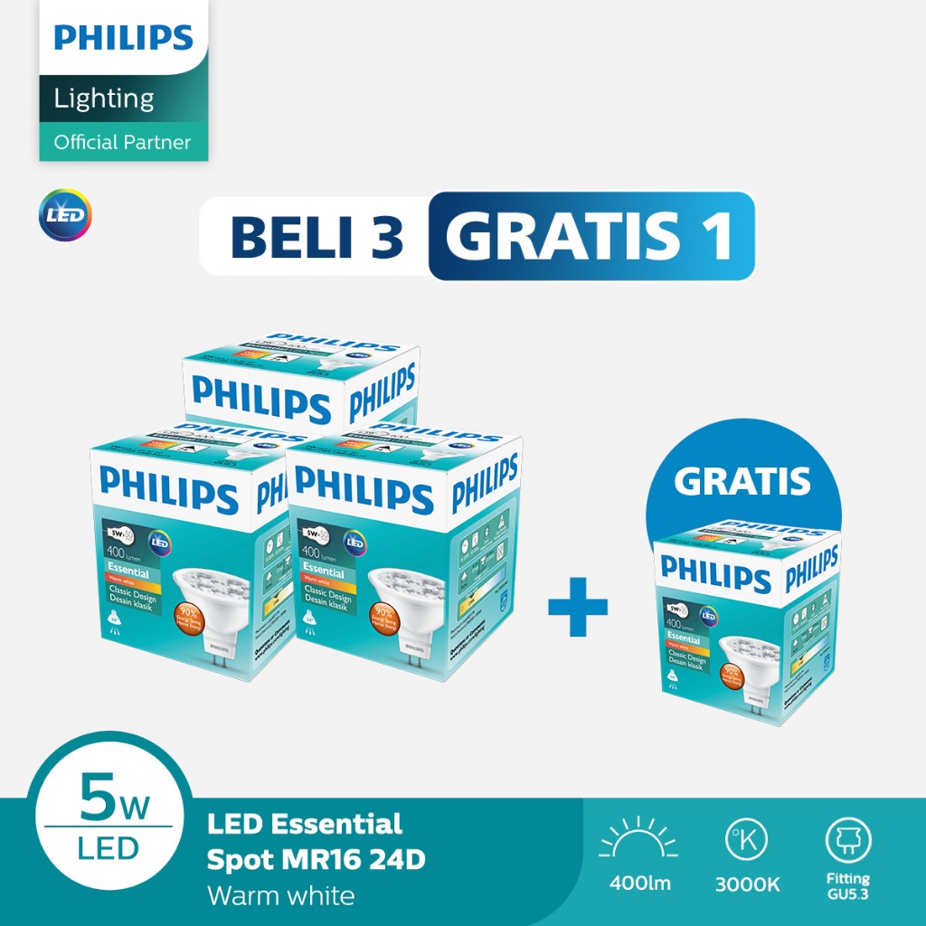 Jual Beli 3 Gratis 1 Philips Lampu Spotlight ESSENTIAL MR16 LED 5W 24D 2700K Kuning | Shopee ...