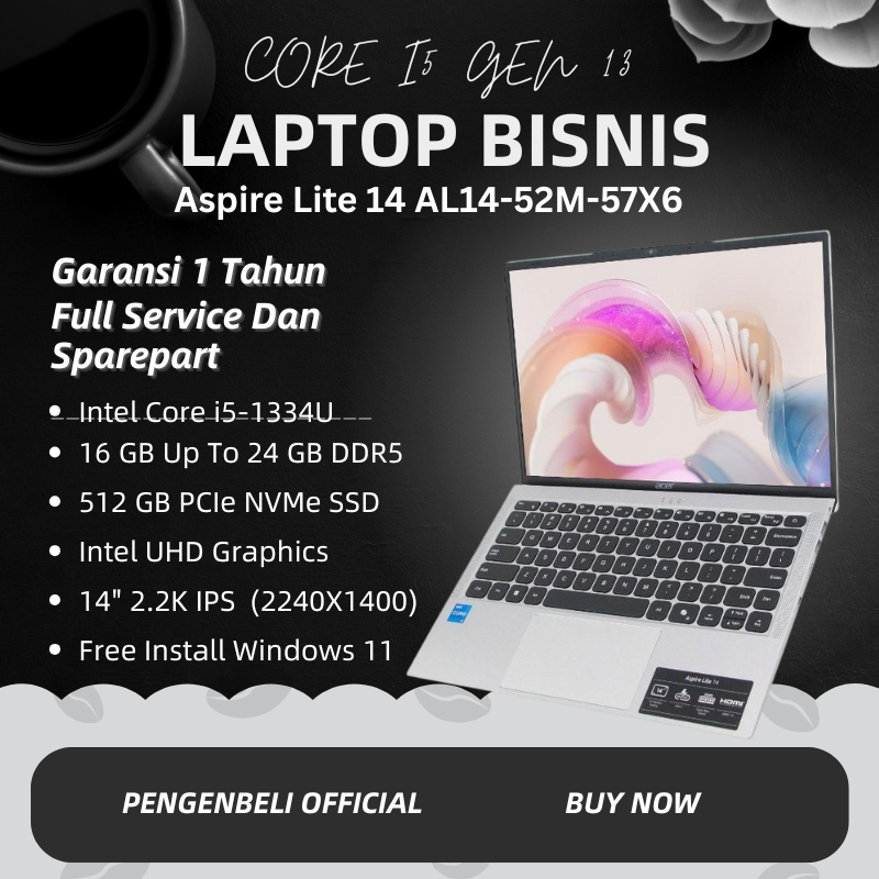Jual Laptop Multitasking Core i5 Gen 13 - i5-1334 - Ram 24 GB DDR5 - SSD 512GB - Wifi 6 -14" 2 ...