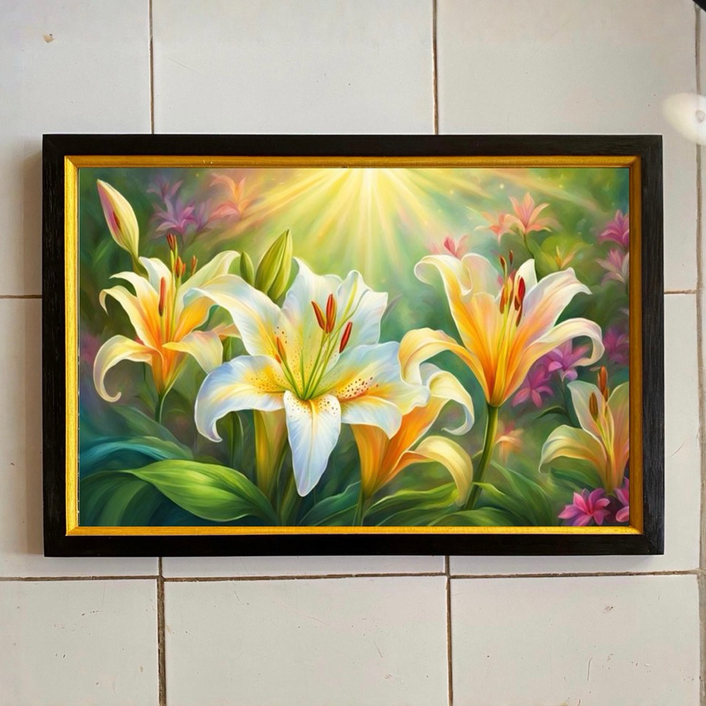 Jual hiasan dinding lukisan cetak gambar bunga lili plus bingkai kayu ...