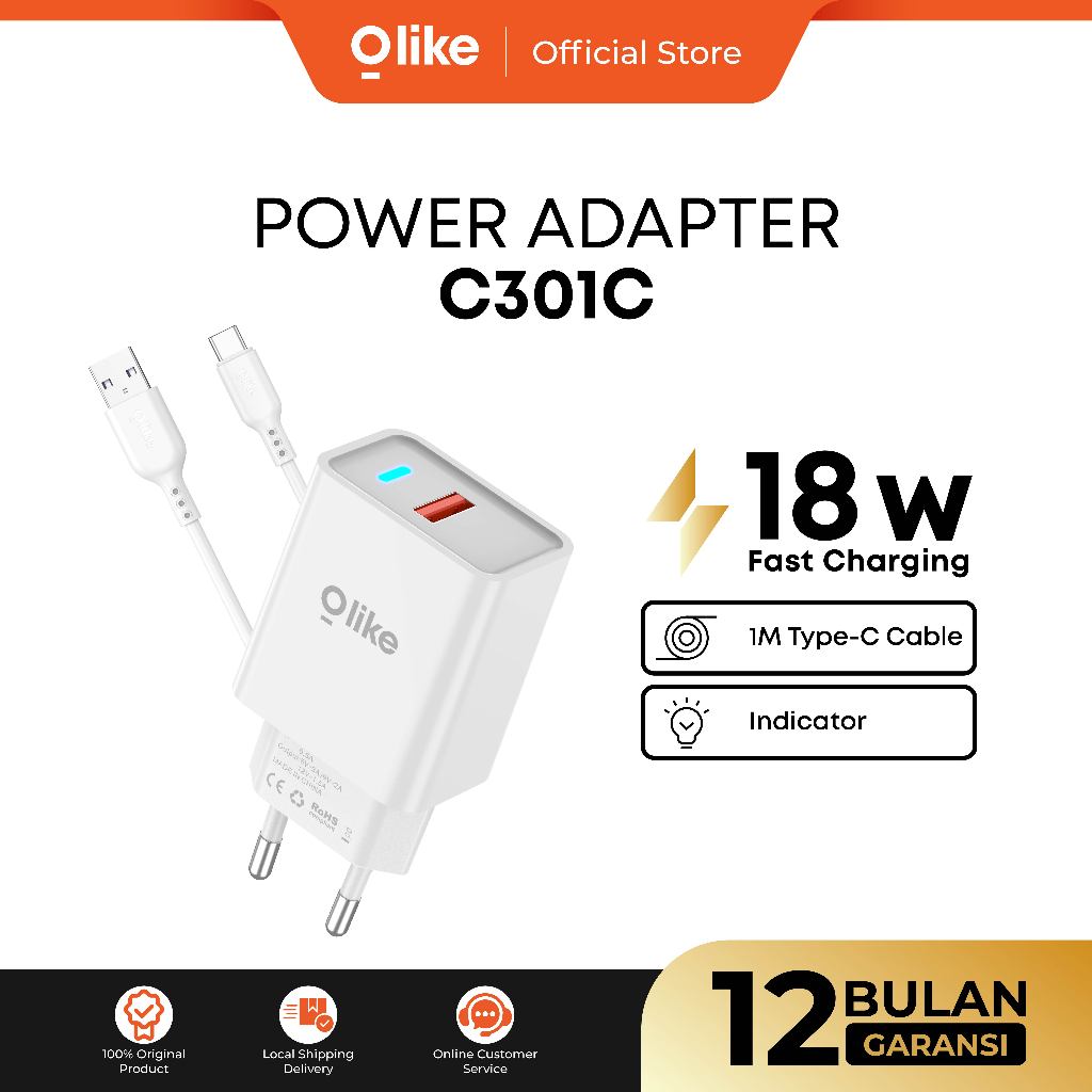 Jual OLIKE KEPALA CHARGER 18W USB ADAPTER FAST CHARGING KABEL TYPE C C301 - LIVE | Shopee Indonesia