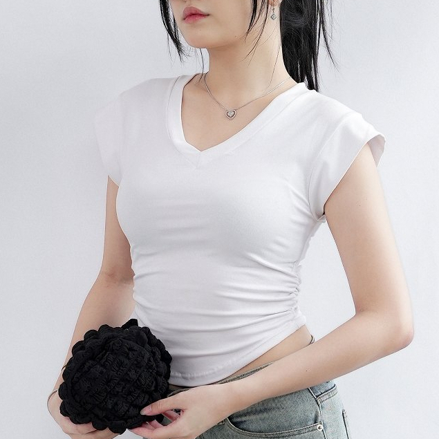Jual [Premium] 99kOUTLET Atasan Basic Cropped V Neck Lengan Topi 2810 ...