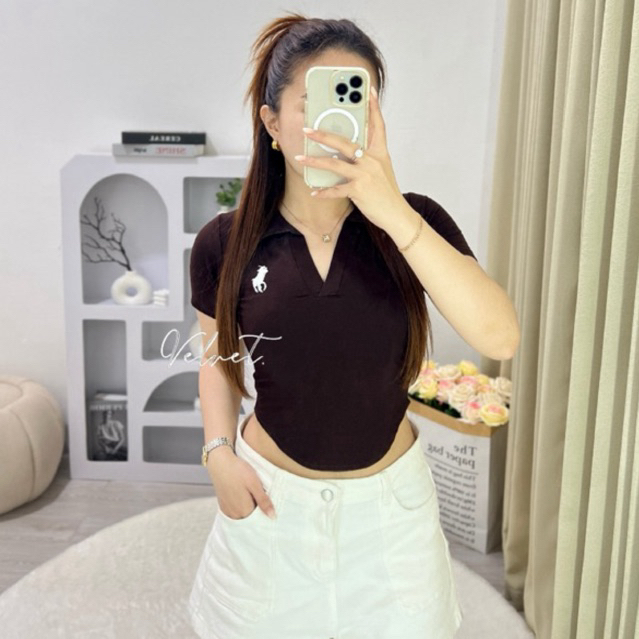Jual Crop Top Colar Oval Wanita / Crop Top Kerah Lengan Pendek Wanita ...