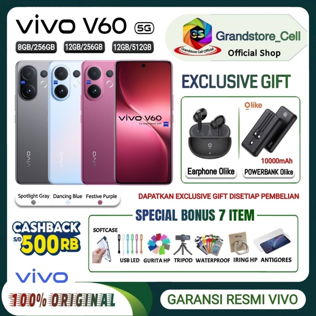 Jual VIVO V60 5G [8/256 GB] [12/256 GB] [12/512 GB] - Snapdragon 7 Gen 4, IP68+IP69, 50MP Zeiss ...