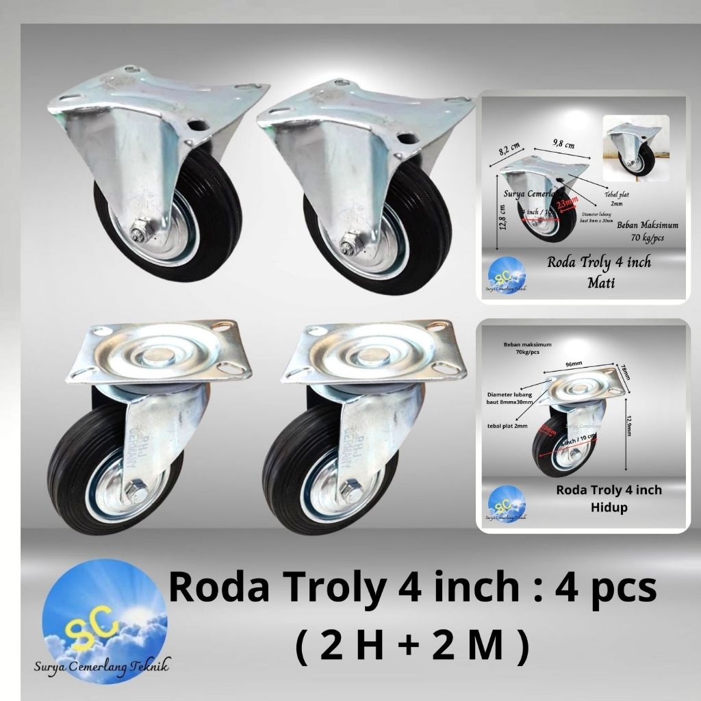 Jual Roda Troli Troly karet 4 inch Troli trolley caster castor kaster ...