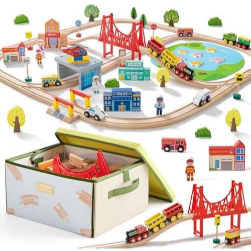 Jual Tiny Land 110pcs Wooden Train Set with Folding Storage Box, Wooden ...