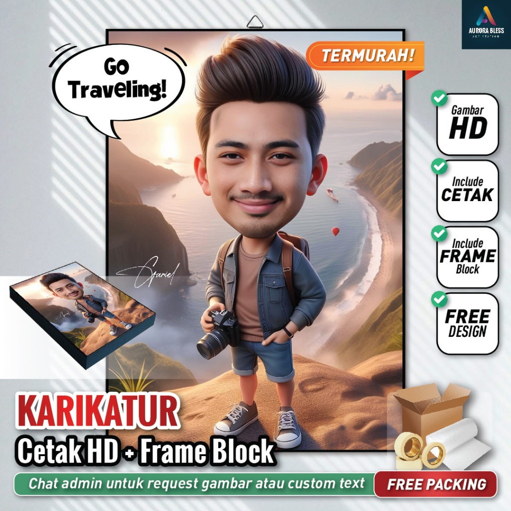 Jual Custom Lukisan Sketsa Wajah Karikatur 3D Cetak + Frame Block Fiber ...
