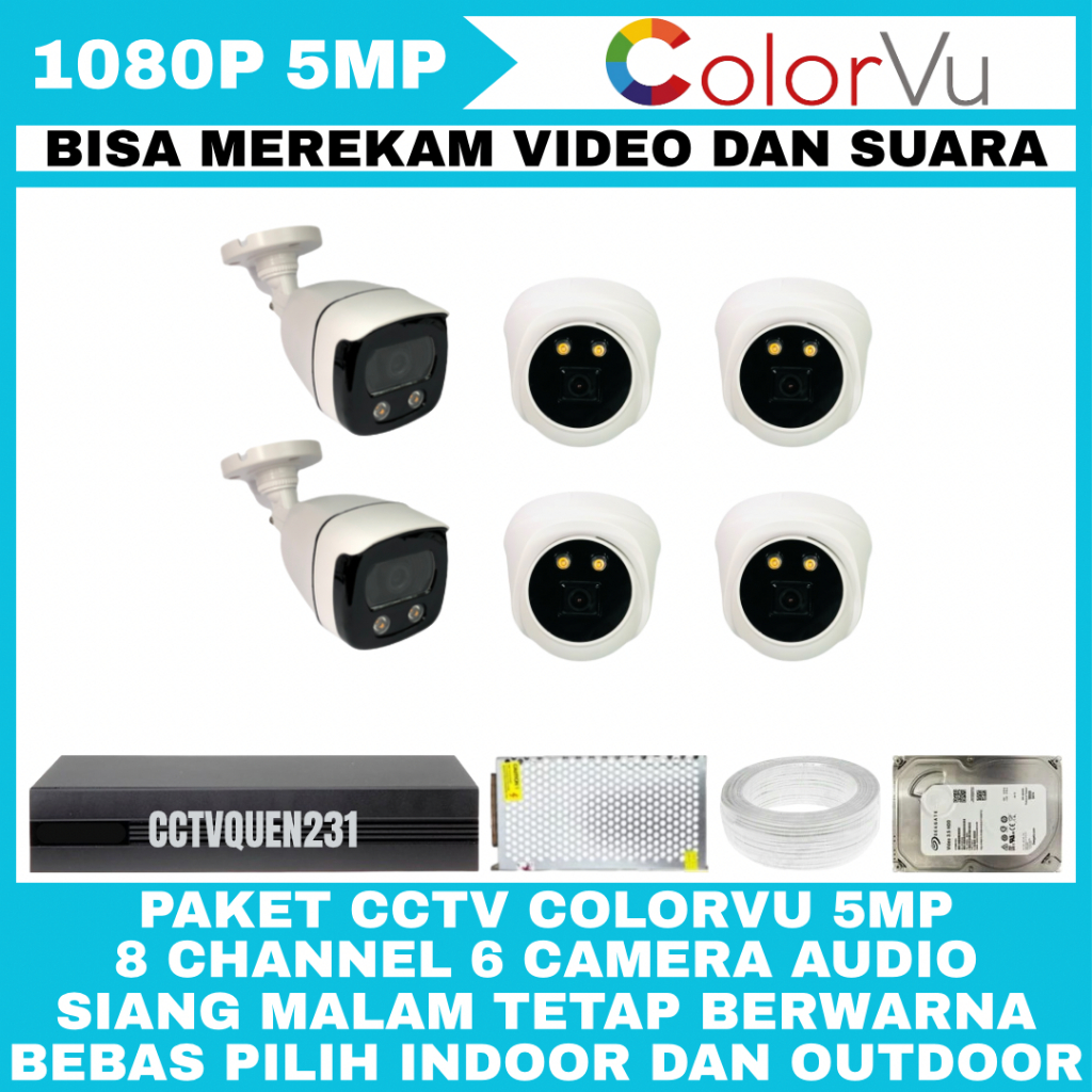 Jual PAKET CCTV COLORVU 5MP 8 CHANNEL 6 KAMERA FULL COLOR 1080P TURBO ...