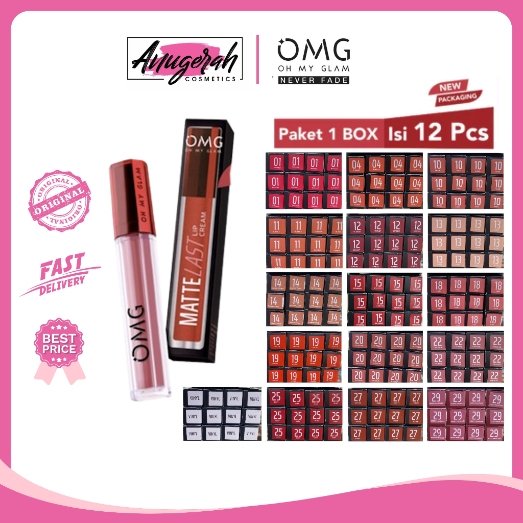Jual OMG Oh My Glam Mattelast Lip Cream / Lipstick Paket 1 Box Isi 12 Pcs | Tahan Lama /Lusin ...