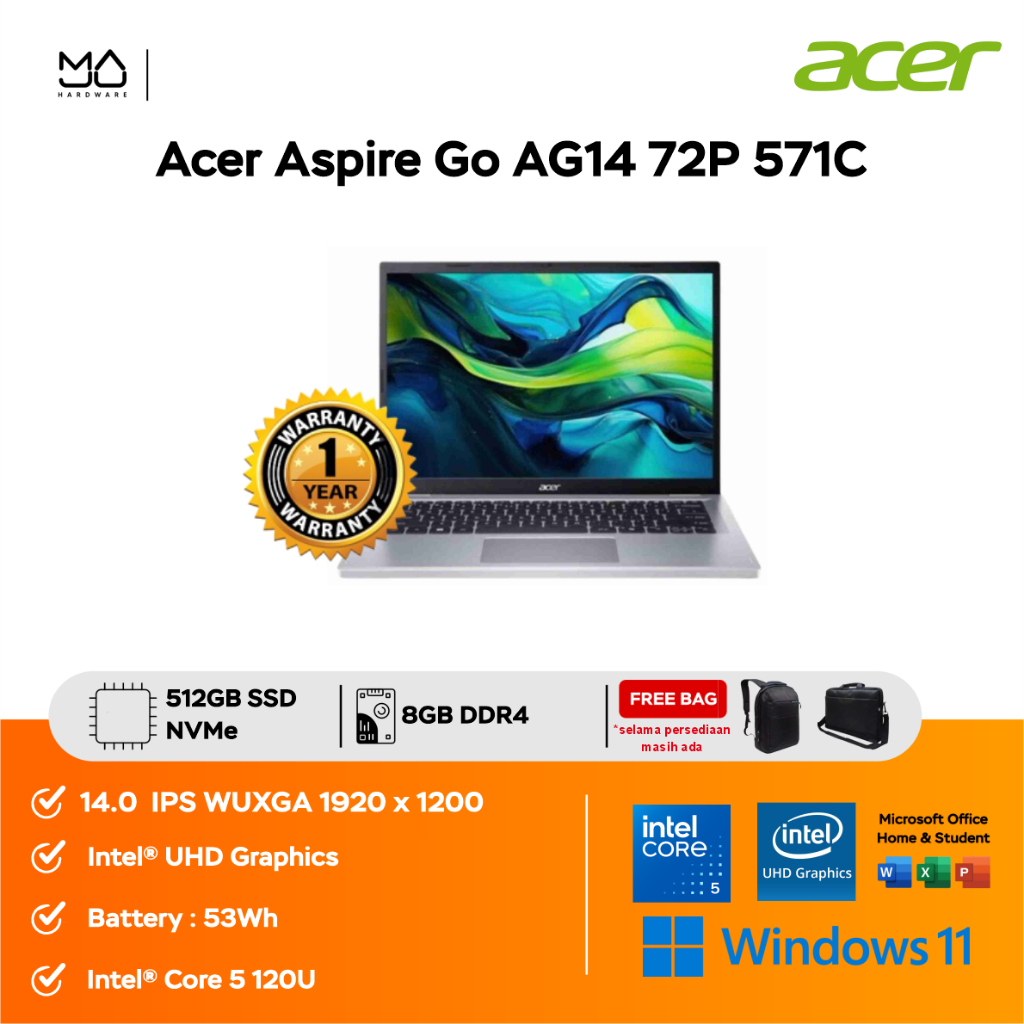 Jual Acer Aspire Go AG14 72P 571C Intel Core 5 120U 8GB SSD 512GB 14 ...