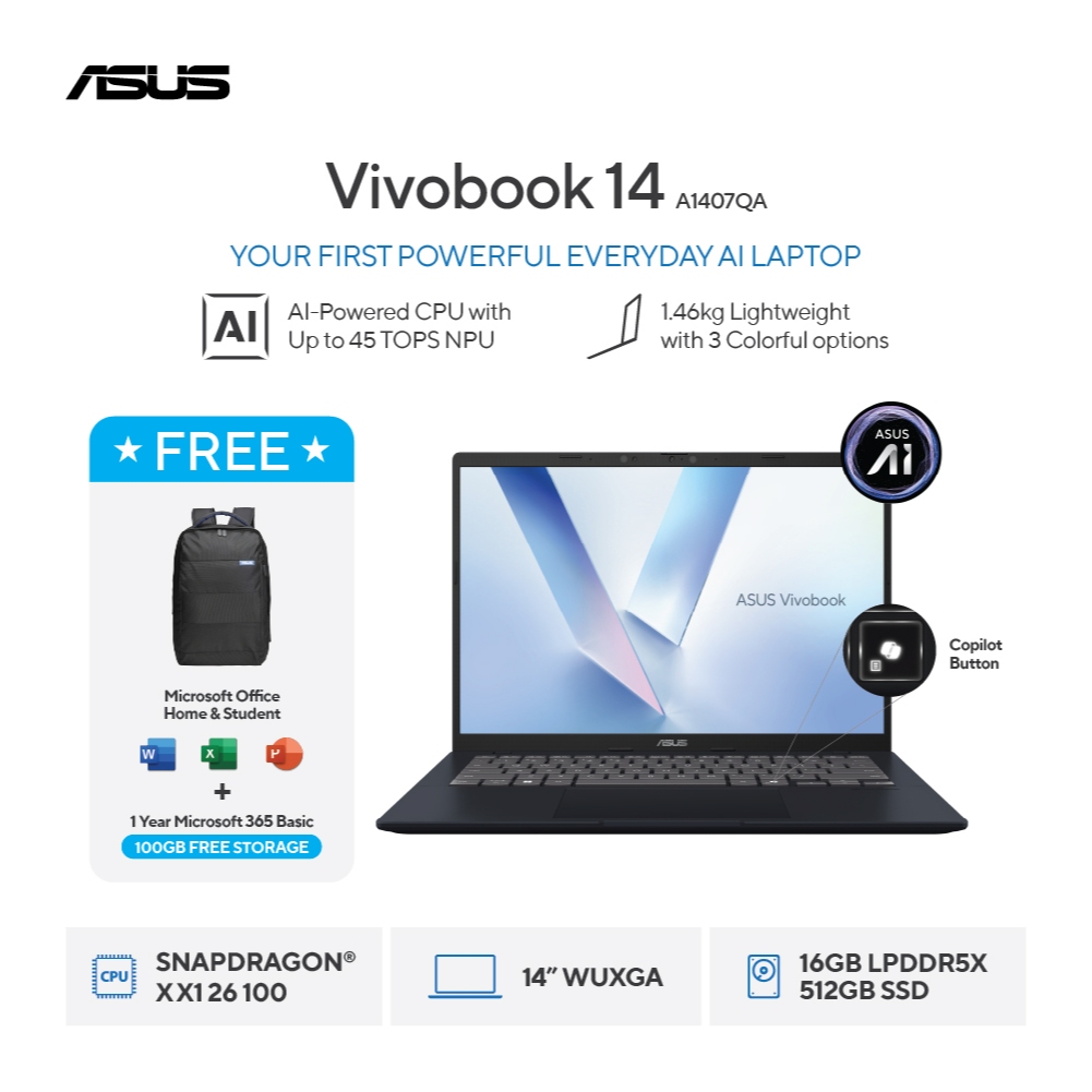 Jual ASUS Vivobook 14 A1407QA-VIPSP151M – Quite Blue [Snapdragon X1 26 ...