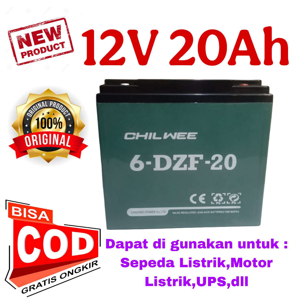 Jual Aki Sepeda Listrik CHILWEE 6-DZF-20 / 6DZF20 - Baterai Sepeda Listrik 12V - 20AH amper hour ...