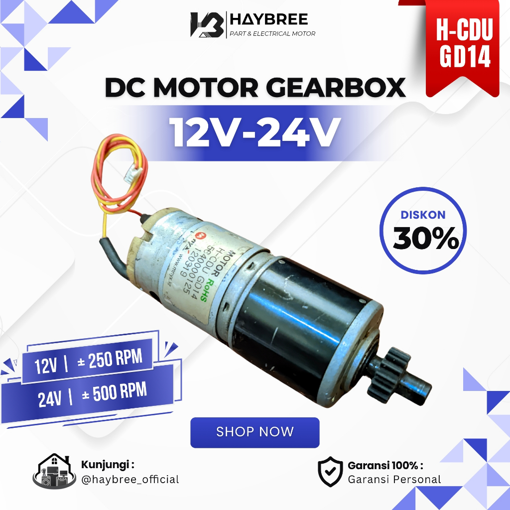 Jual Dinamo DC Motor Gearbox 12V-24V Model H-CDU GD14 250Rpm - 500Rpm ...