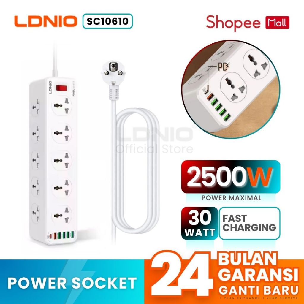 Jual LDNIO SC10610C Stop Kontak 10 Outlets Power Socket 3 USB-C + 3 USB ...