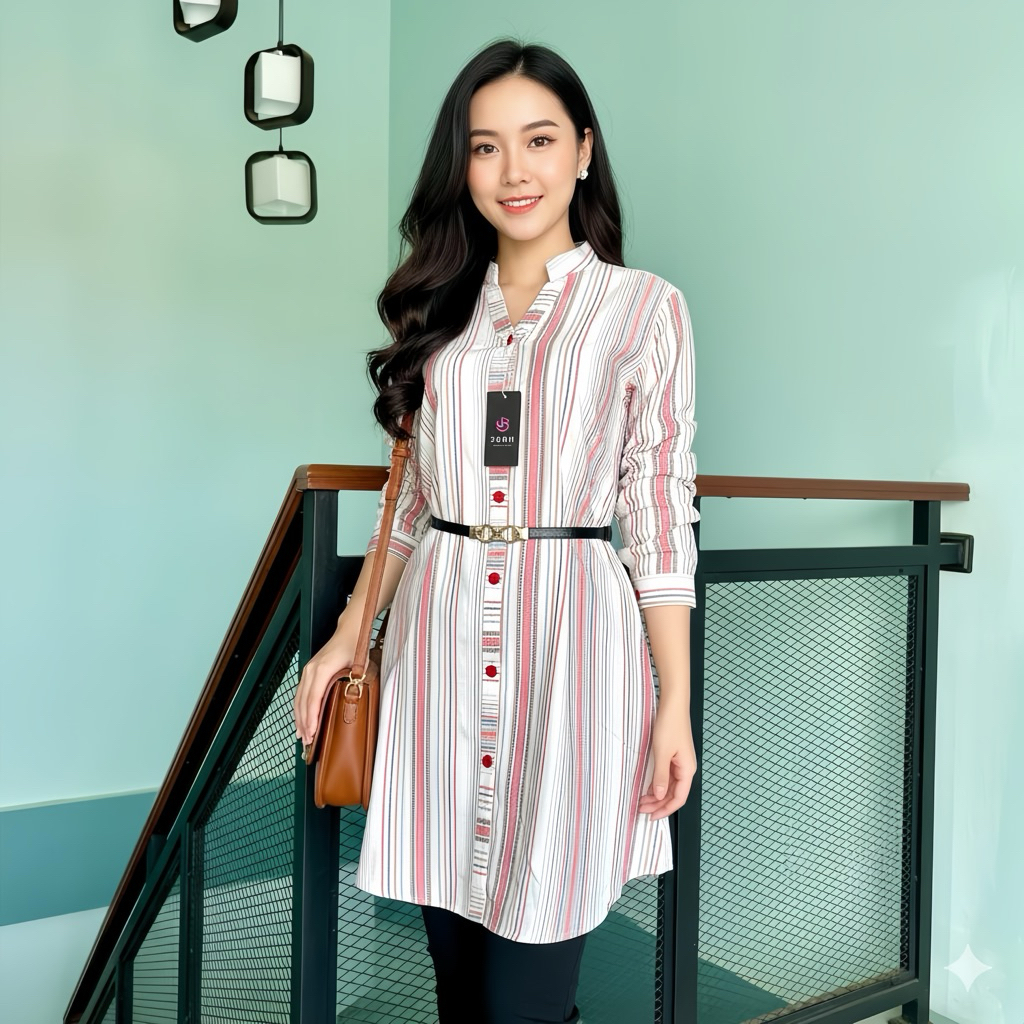 Jual Jubii.Tunik Triset Motif dobby timbul free ikat pinggang cantik ...