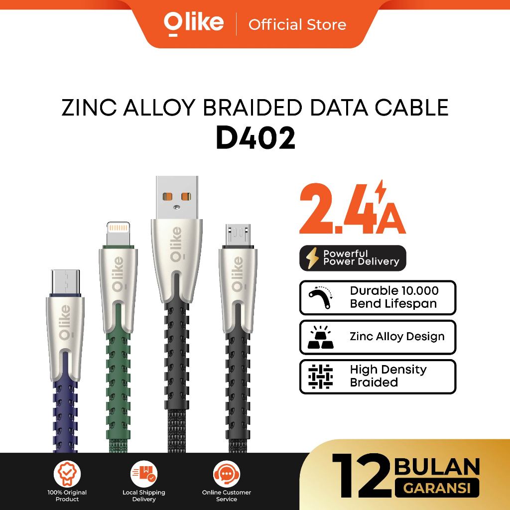 Jual OLIKE Kabel Data Zinc Alloy Flat Braided Cable Fast Charging Type ...