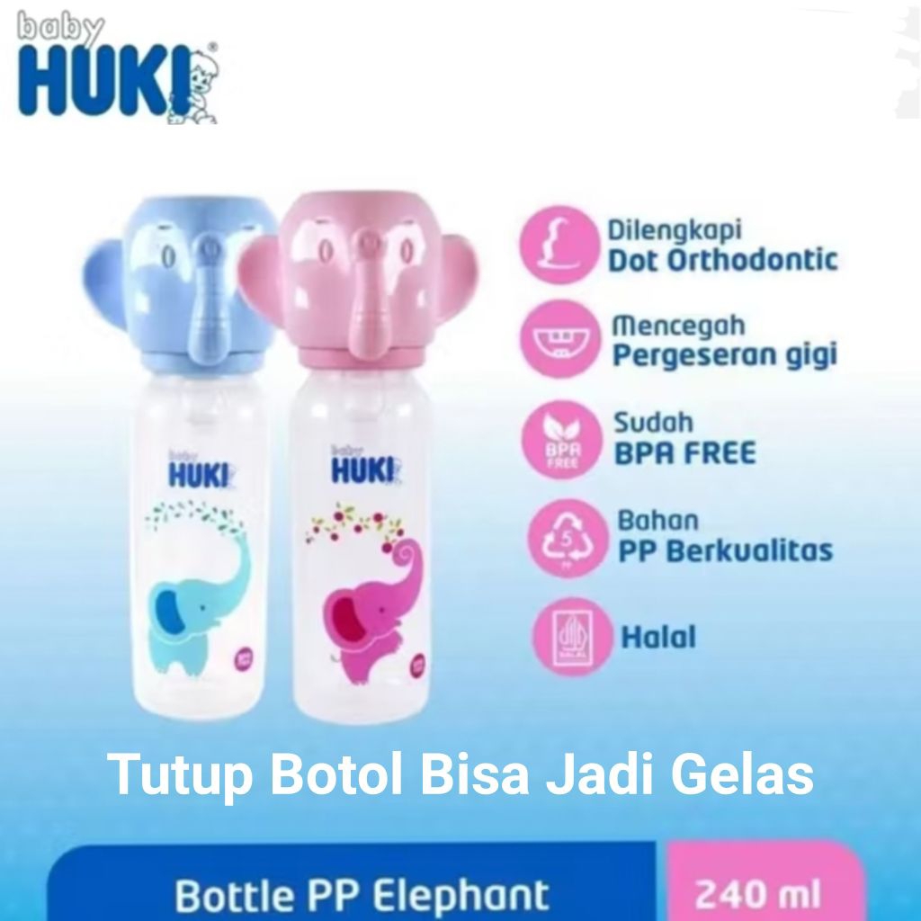Jual HUKI BABY Botol PP Gajah 240ml TUTUP BOTOL BISA JADI CANGKIR ...