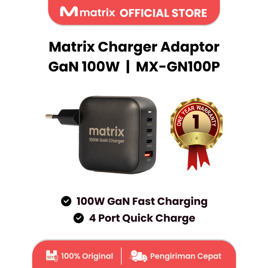 Jual Matrix - Kepala Charger Adaptor 100W Type C 4 Port GaN Super Fast ...