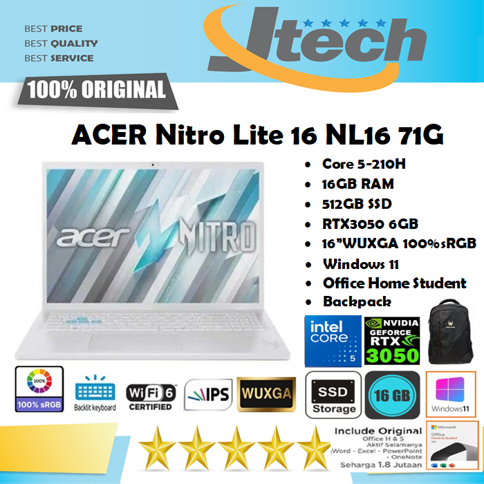 Jual ACER Nitro Lite 16 Core 5 210H 16GB 512GB RTX3050 6GB 16"WUXGA IPS ...
