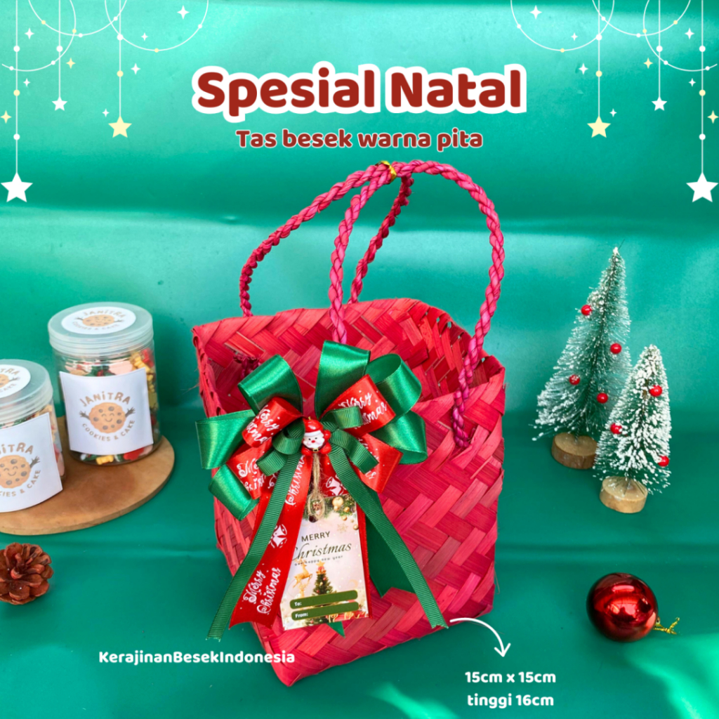 Jual GOODIE BAG BINGKISAN PITA NATAL BONUS TAG Tas besek 15,18,22 warna ...