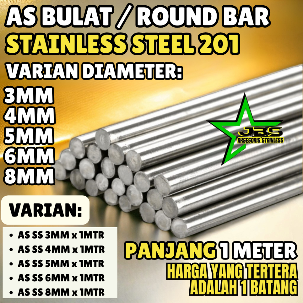 Jual AS SS 201 - 3MM / 4MM / 5MM / 6MM / 8MM PANJANG 1METER ROUND BAR ...