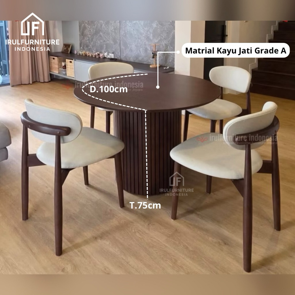 Jual Meja Makan Bundar Kayu Solid Minimalis 4 Kursi – Set Dining Table ...
