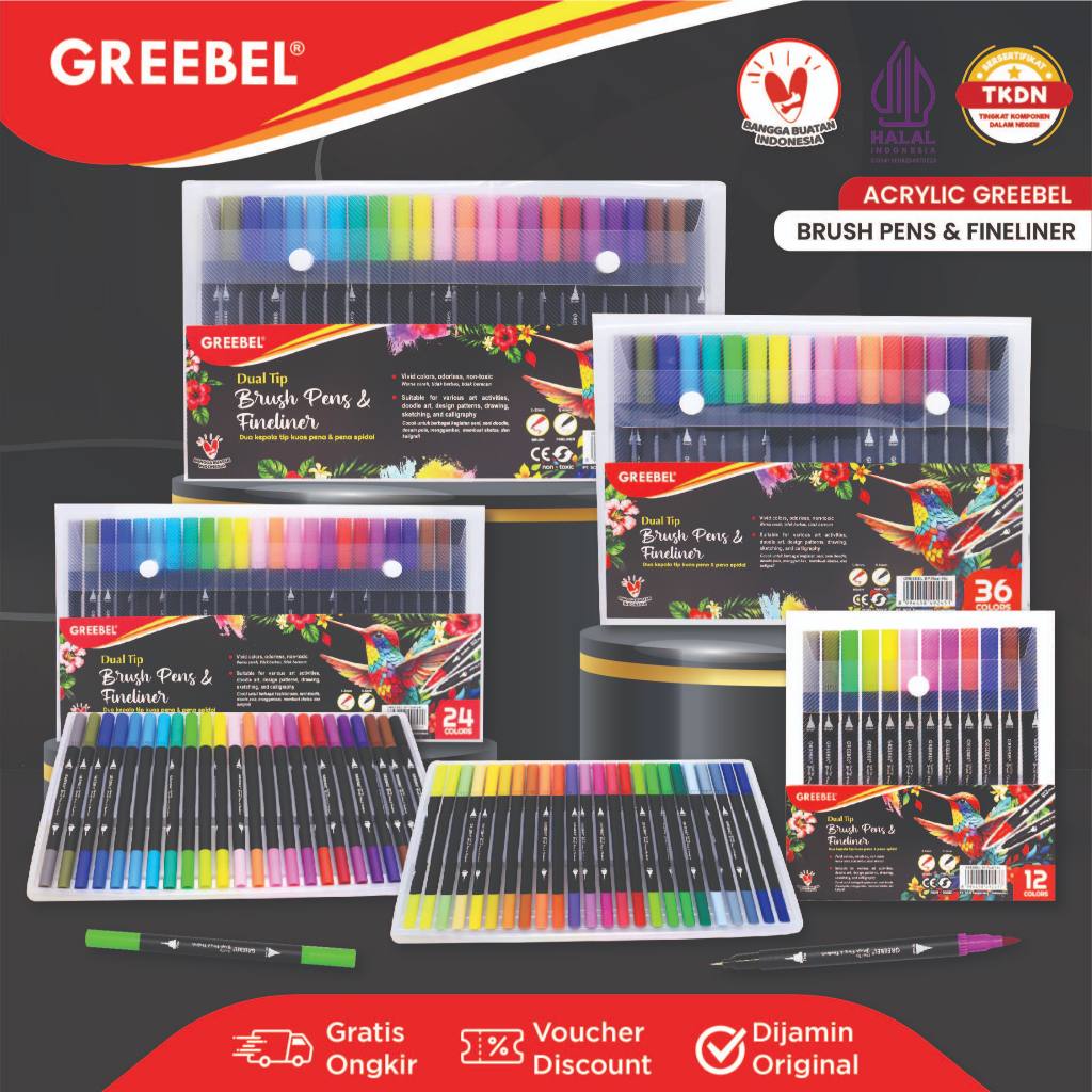 Jual GREEBEL Dual Tip Brush Pen Color 12 24 36 48 Warna / Spidol Kuas ...