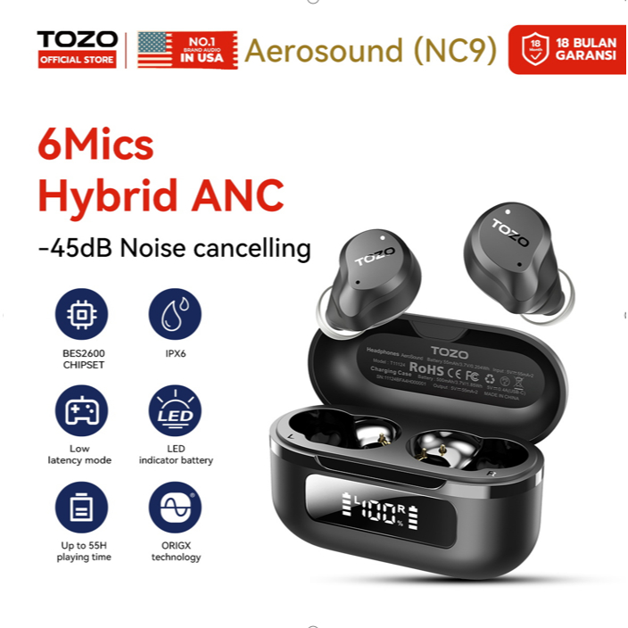 Jual NEW LAUNCHING Tozo Aerosound (NC9) Tws 6 Mics Hybrid ANC + 4 Mics ...