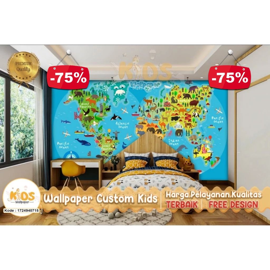 Jual Wallpaper Dinding Custom 3D Tema Maps World Kids | Animasi Hewan ...