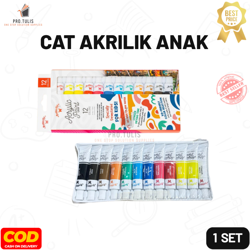 Jual (1 Set) Cat Akrilik Anak Butterfly 12 Warna Acrylic Paint 12ml ...