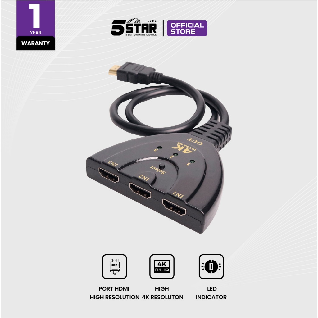 Jual 5Star Switch HDMI 3 Port dengan Kabel & Remote Control Support 4K ...