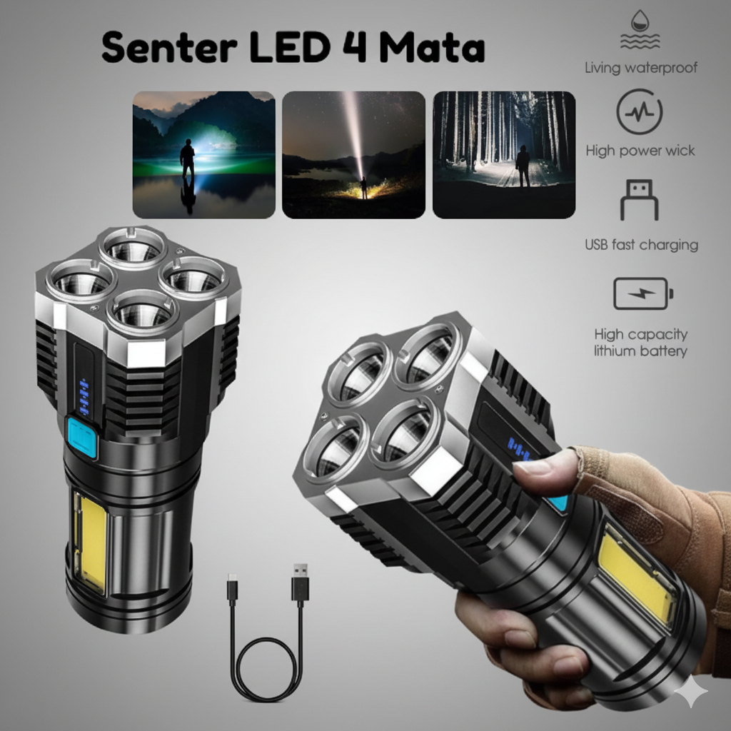 Jual Senter LED 4 Mata 48 W 20 W / Senter LED Chargeable / Senter Cas ...