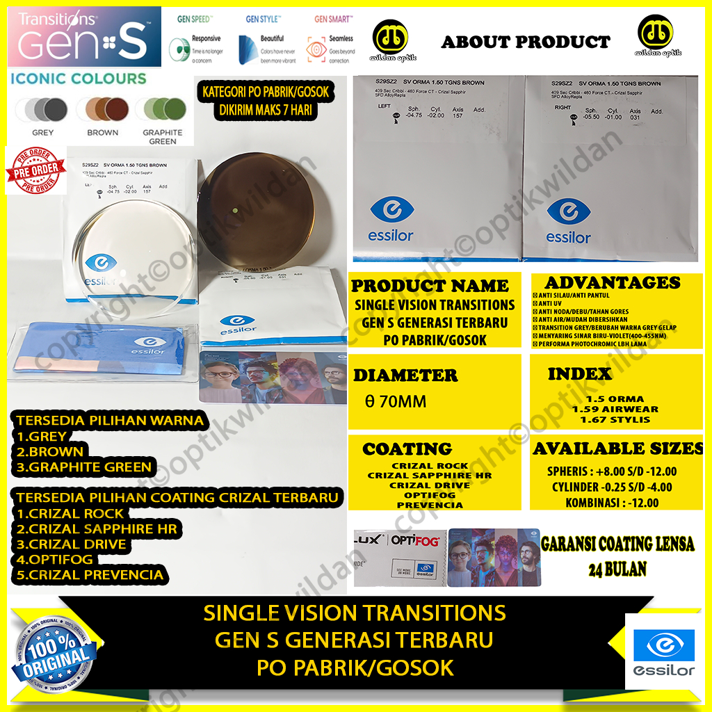 Jual Essilor Single Vision Transitions Gen S PO Pabrik/Gosok ...