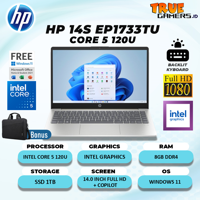Jual Laptop HP14 Core 5 120U RAM 16GB SSD 1TB Windows 11 + Office Home ...